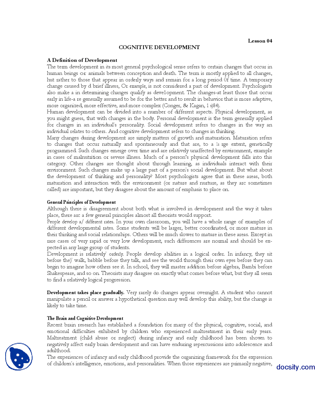 Cognitive Development Educational Psycology Lecture Handouts Docsity