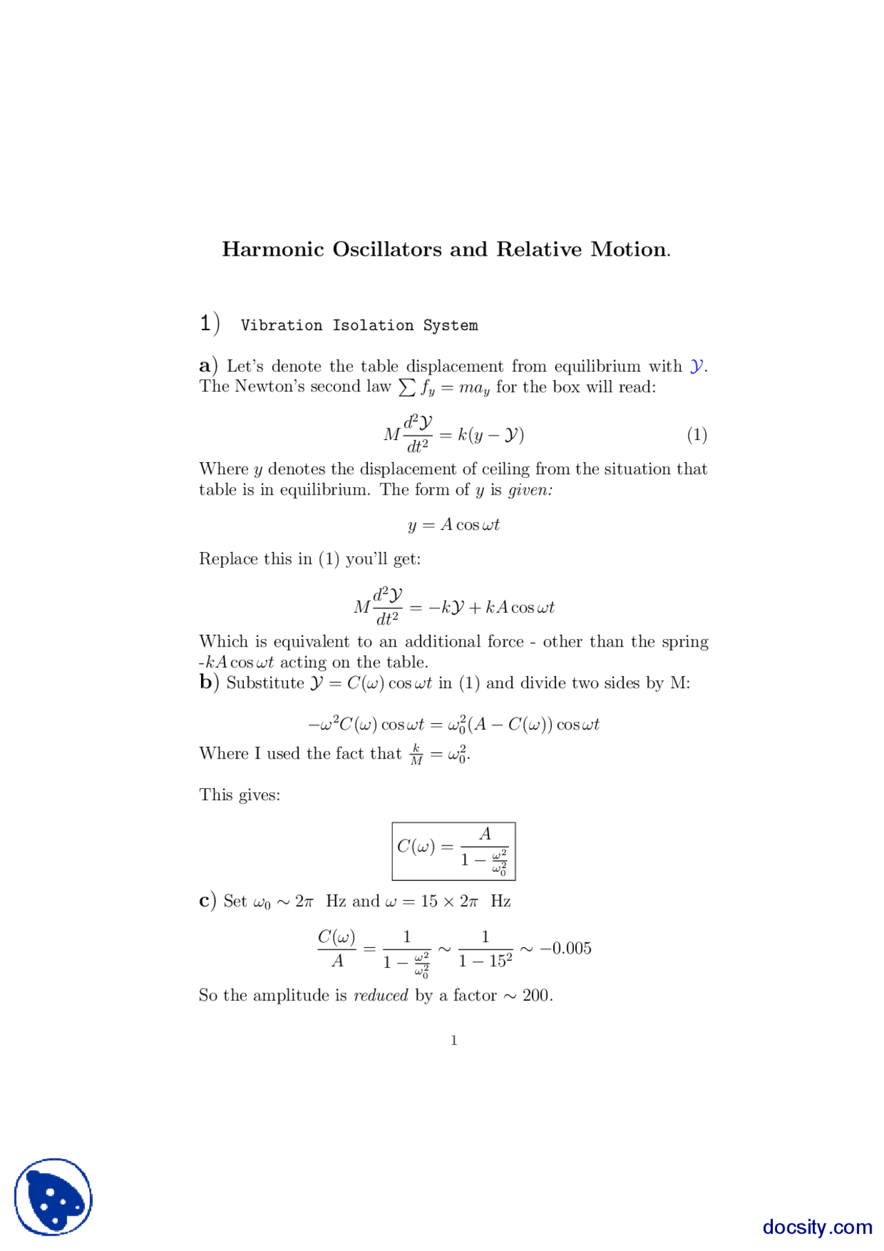Harmonic Oscillators And Relative Motion-Physics, Dynamics, Forces and Momentum-Assignment ...