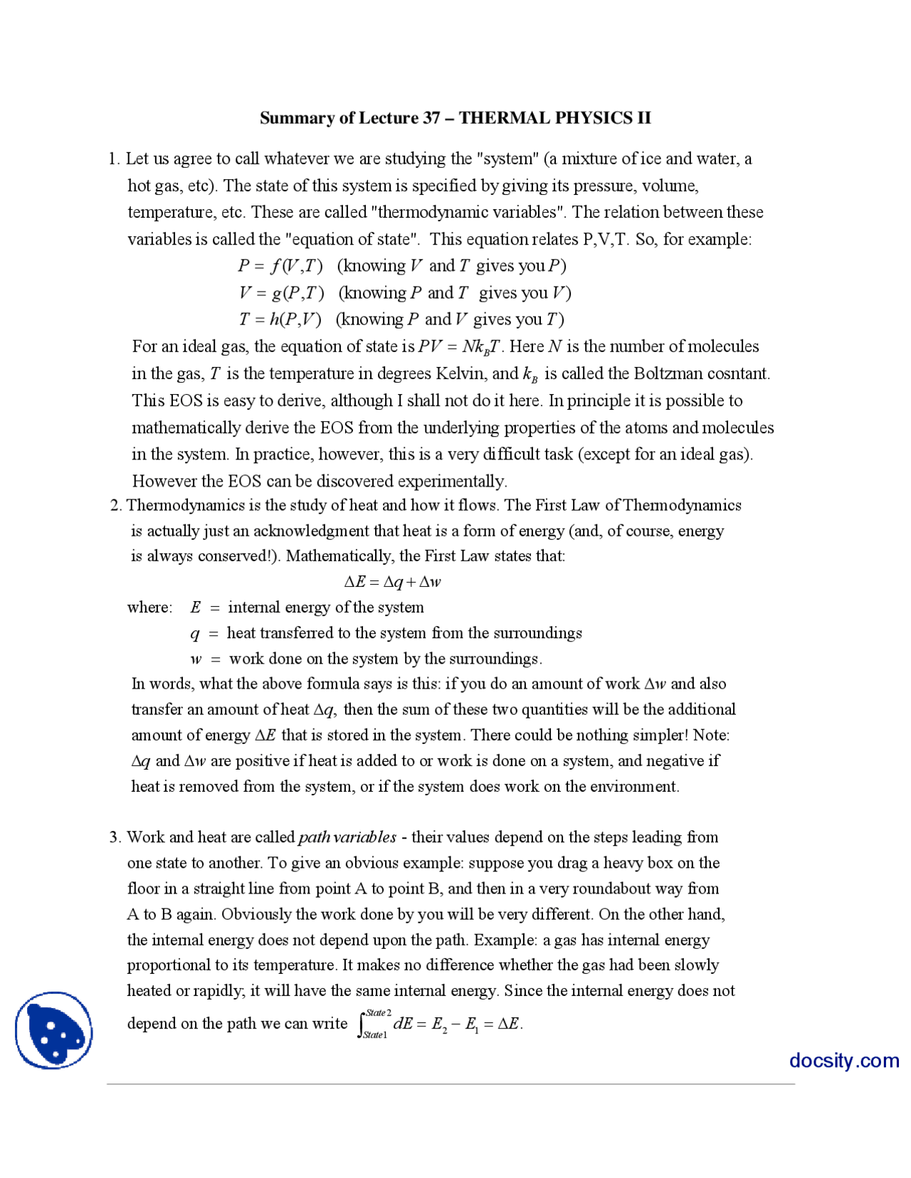 Thermal Physics Ii Classical Physics Handouts Docsity
