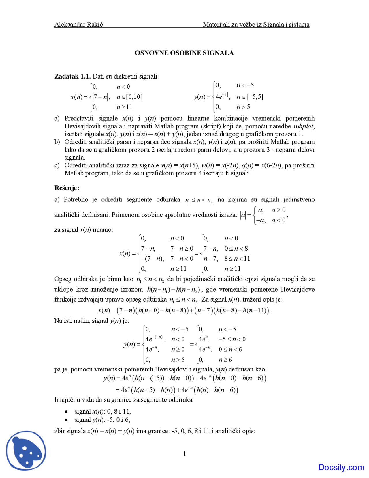 Signali i sistemi-Vezbe-Elektrotehnicki fakultet Osnovne osobine ...