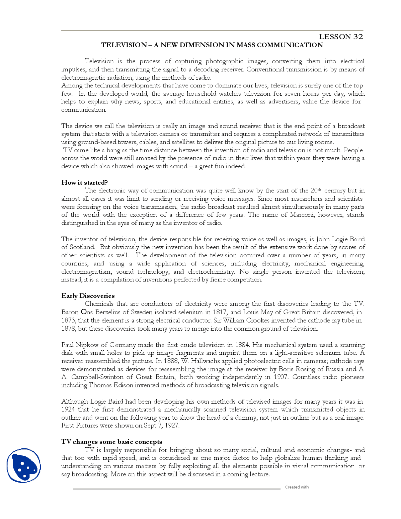 Television Introduction To Mass Communication Lecture Handout Docsity