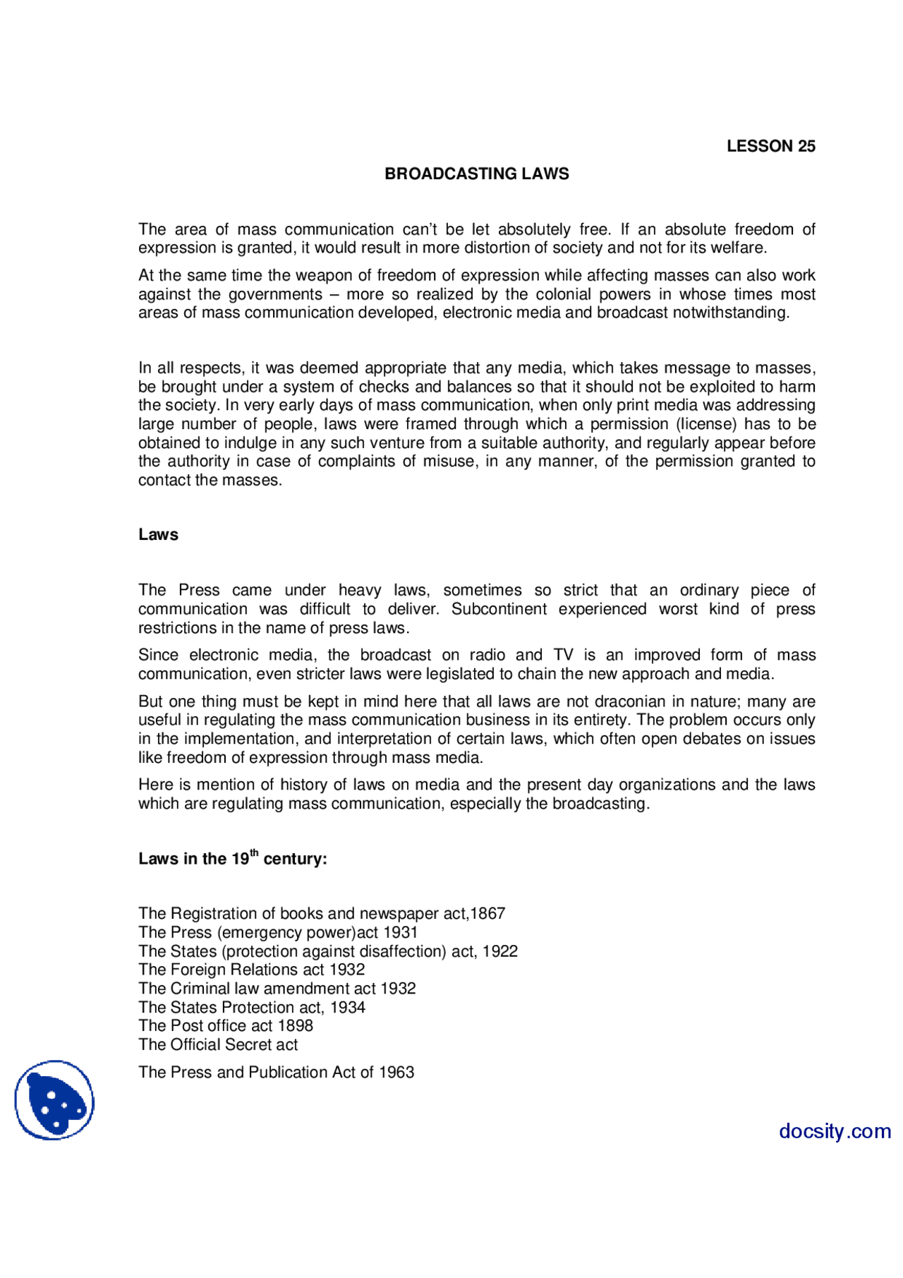 Broadcasting Laws Introduction To Broadcasting Lecture Handout Docsity
