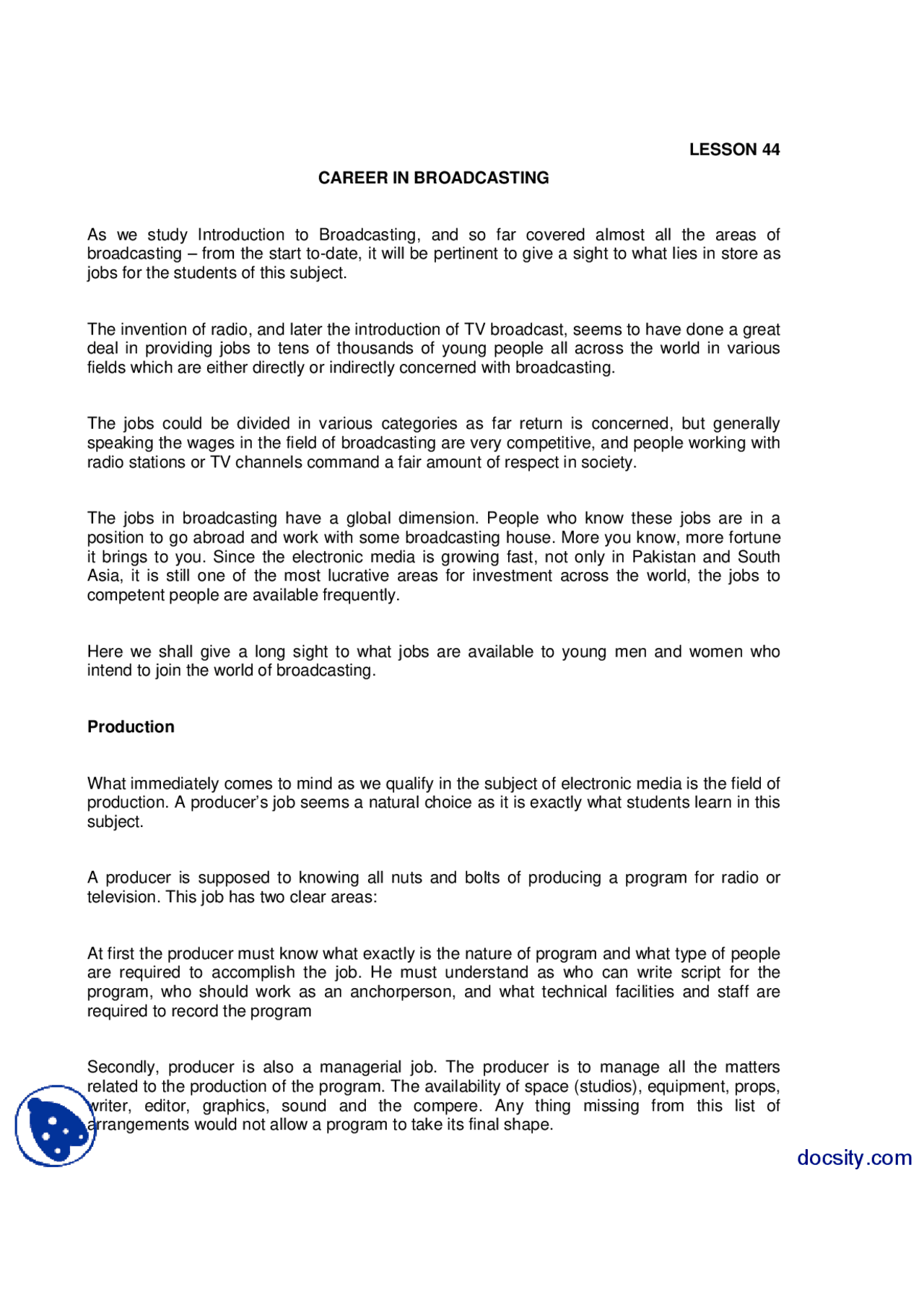 Career In Broadcasting Introduction To Broadcasting Lecture Handout Docsity
