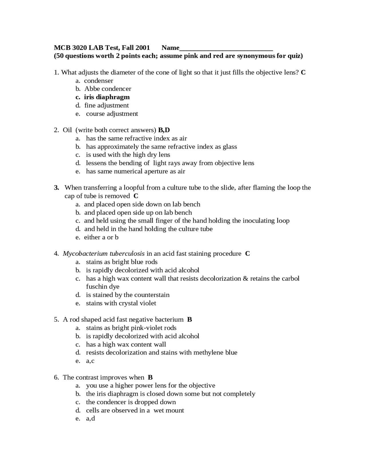 Midterm Practice Exam With Answers General Microbiology Fall 2001
