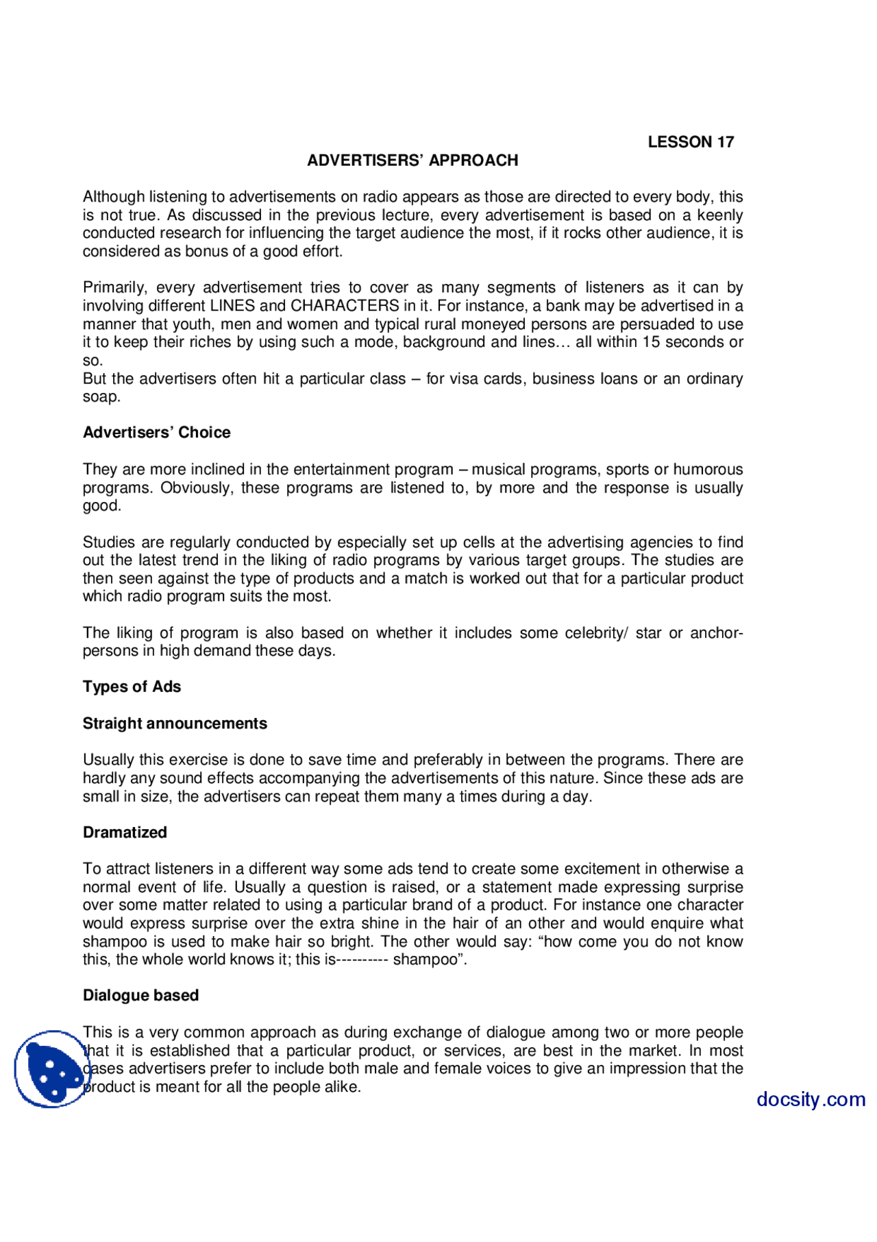 Advertiser S Approach Introduction To Broadcasting Lecture Handout Docsity