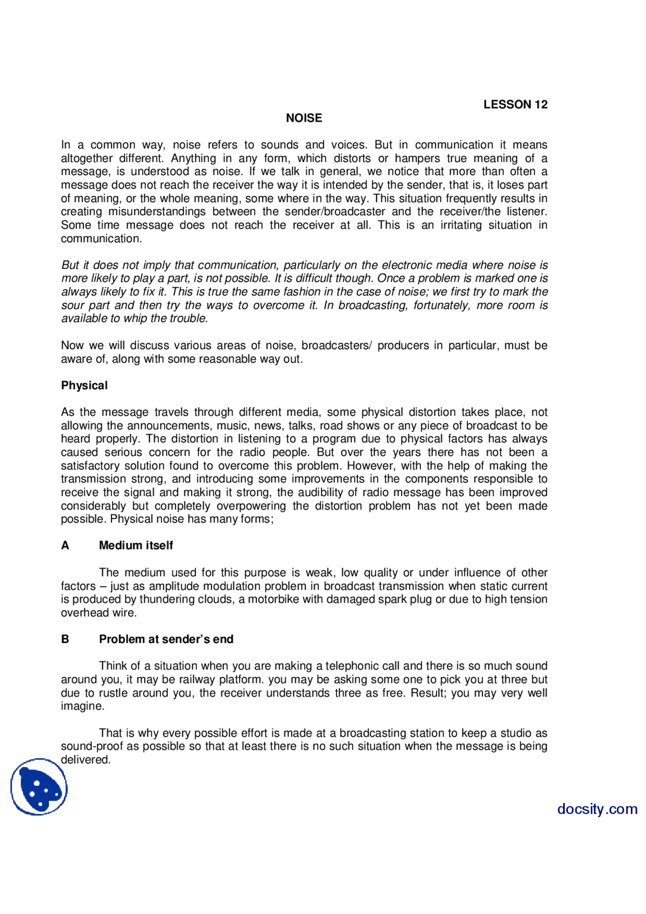 Noise Introduction To Broadcasting Lecture Handout Docsity