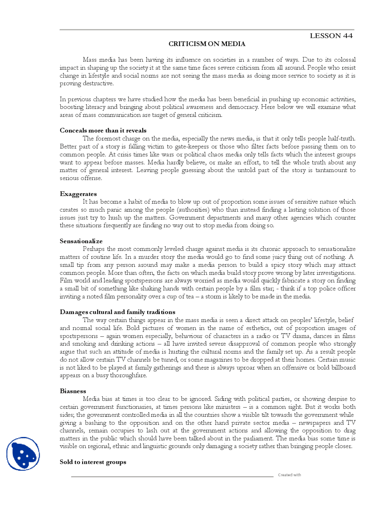 Critiscm On Media Introduction To Mass Communication Lecture Handout
