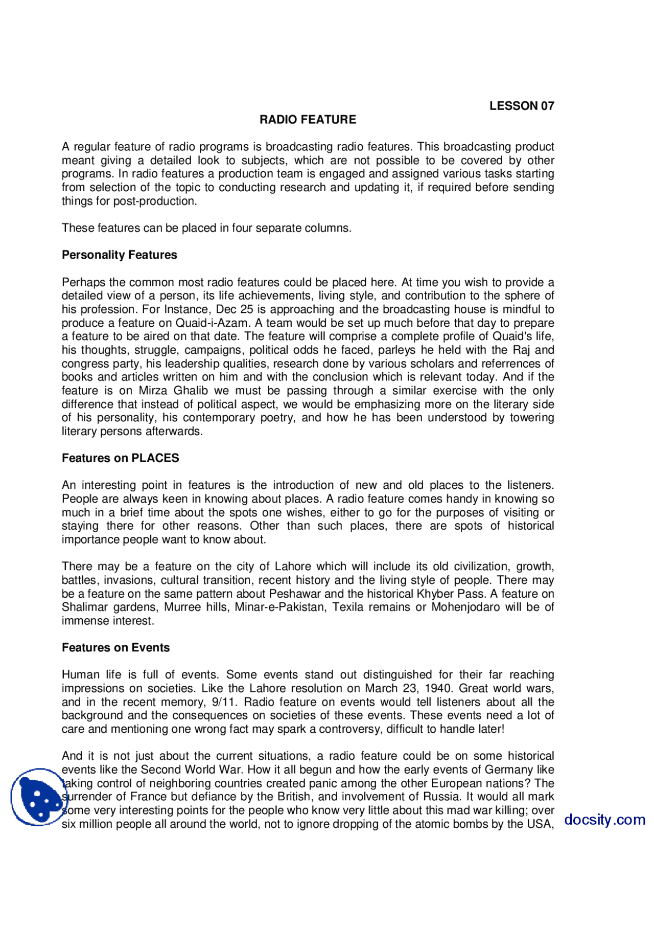 Radio Feature Introduction To Broadcasting Lecture Handout Exercises