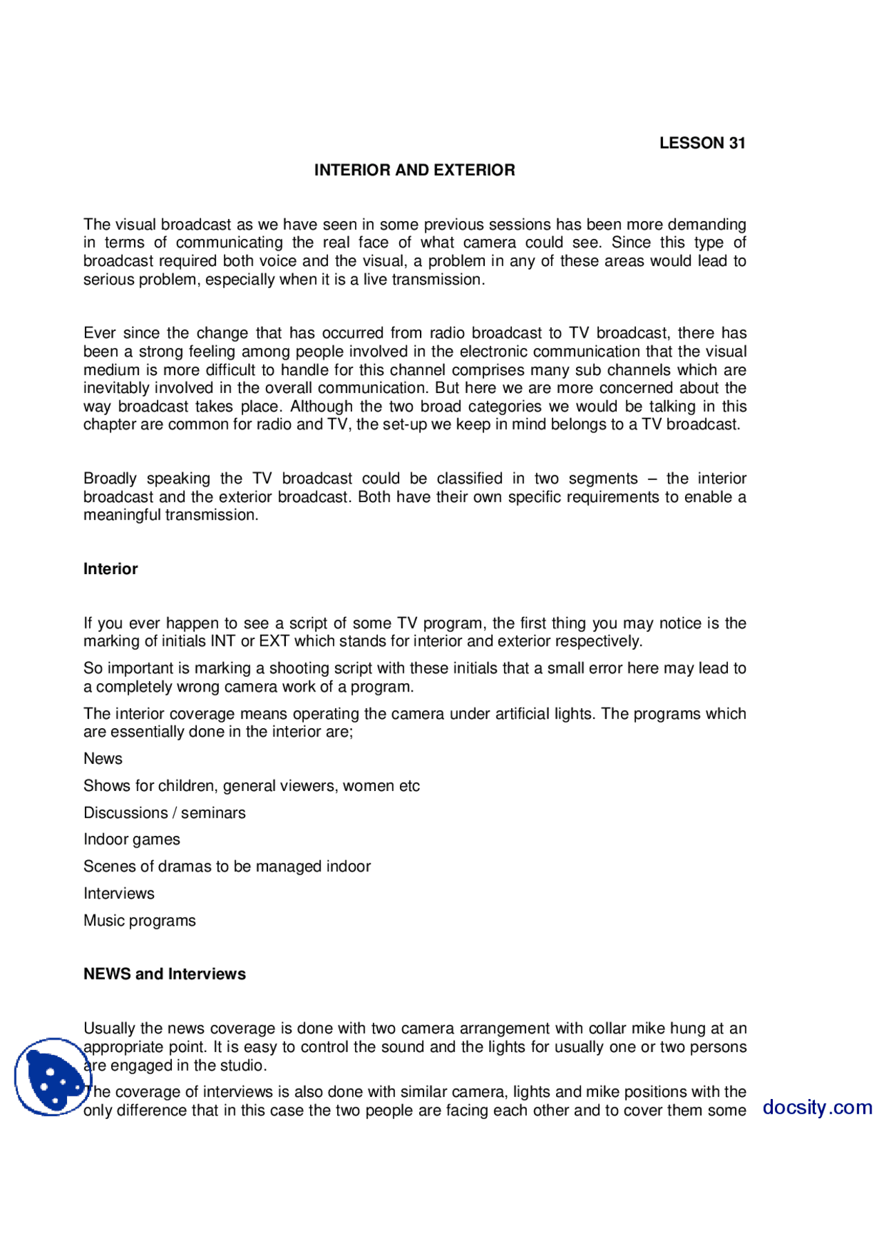Interior And Exterior Introduction To Broadcasting Lecture Handout