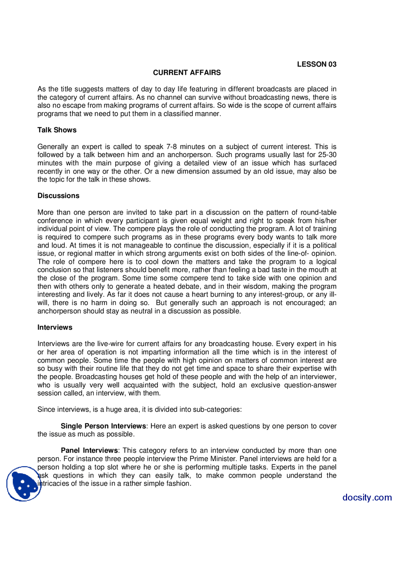 Current Affairs Introduction To Broadcasting Lecture Handout Docsity