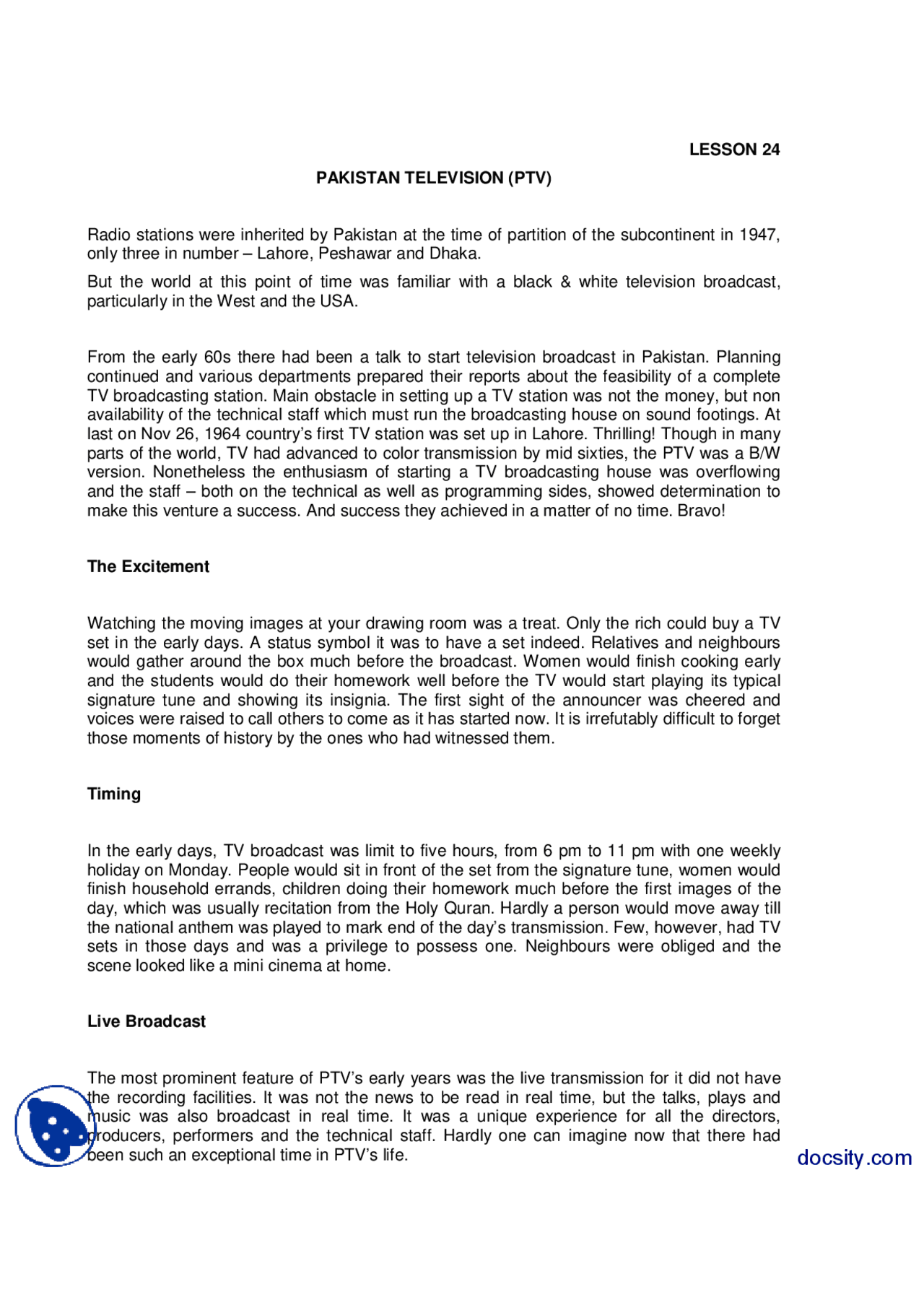 Pakistan Television Introduction To Broadcasting Lecture Handout Docsity