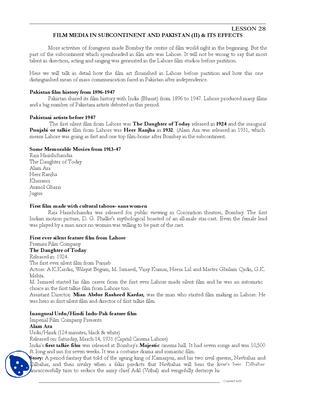 Film Media in Subcontinent and its Effects-Introduction to Mass Communication-Lecture Handout ...