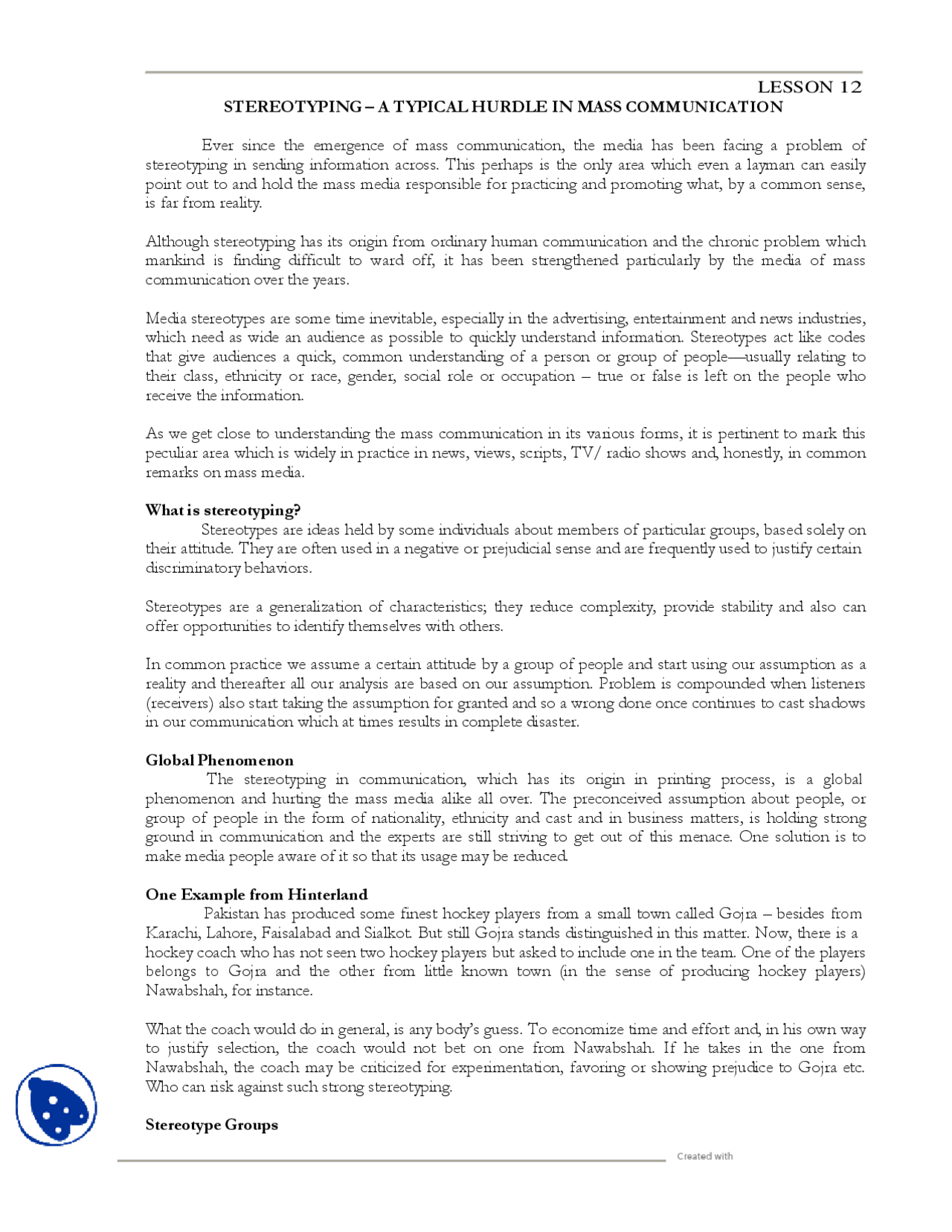 Steriotyping Introduction To Mass Communication Lecture Handout Docsity
