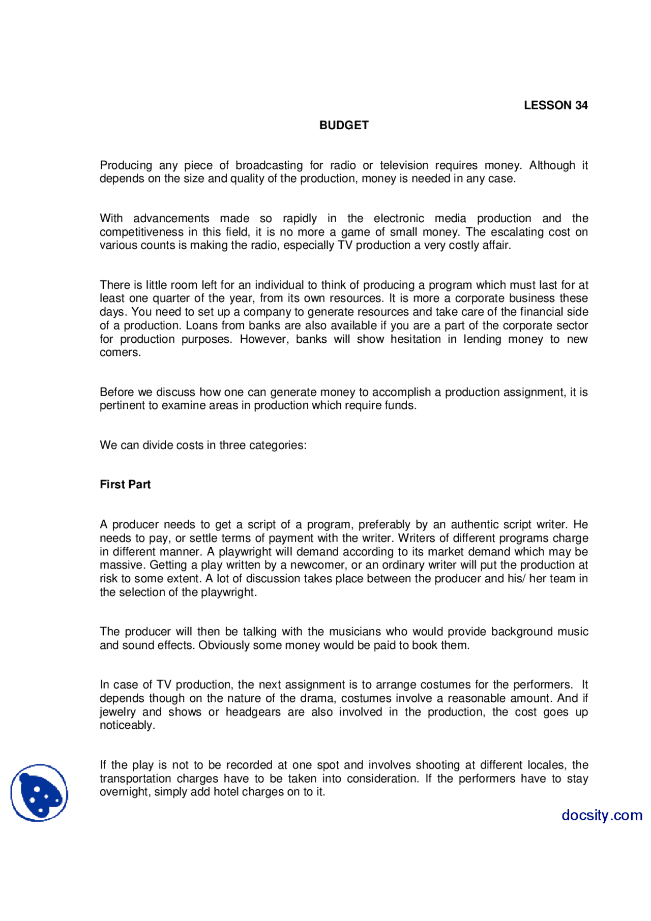 Budget Introduction To Broadcasting Lecture Handout Docsity