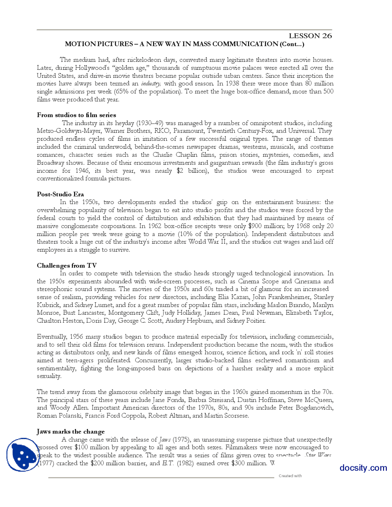 Motion Pictures 4 Introduction To Mass Communication Lecture Handout