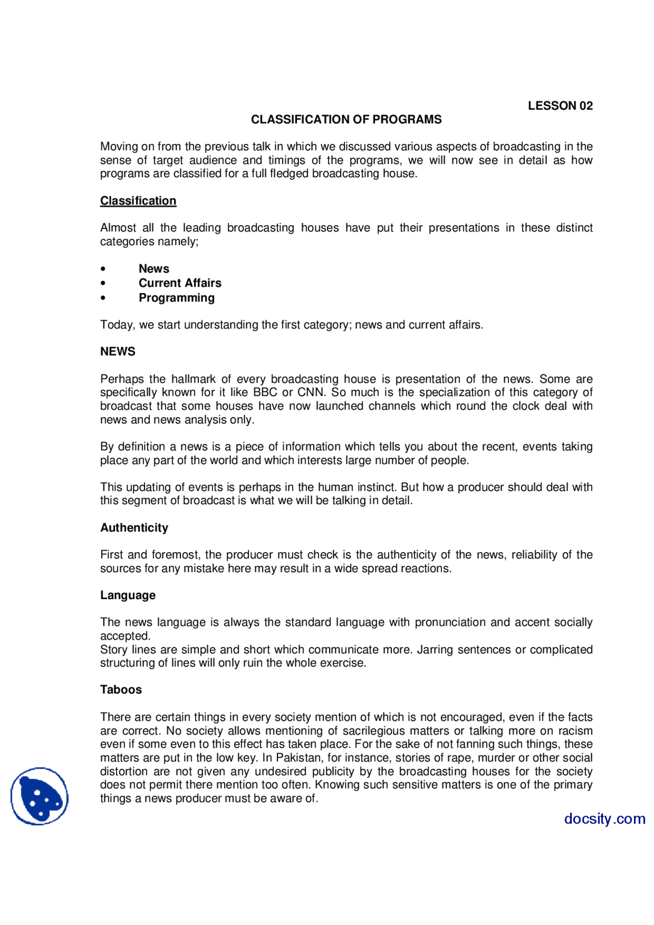 Classification Of Programs Introduction To Broadcasting Lecture Handout
