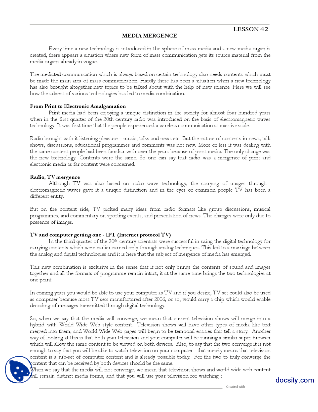 Media Mergence Part2-Introduction to Mass Communication-Lecture Handout - Docsity