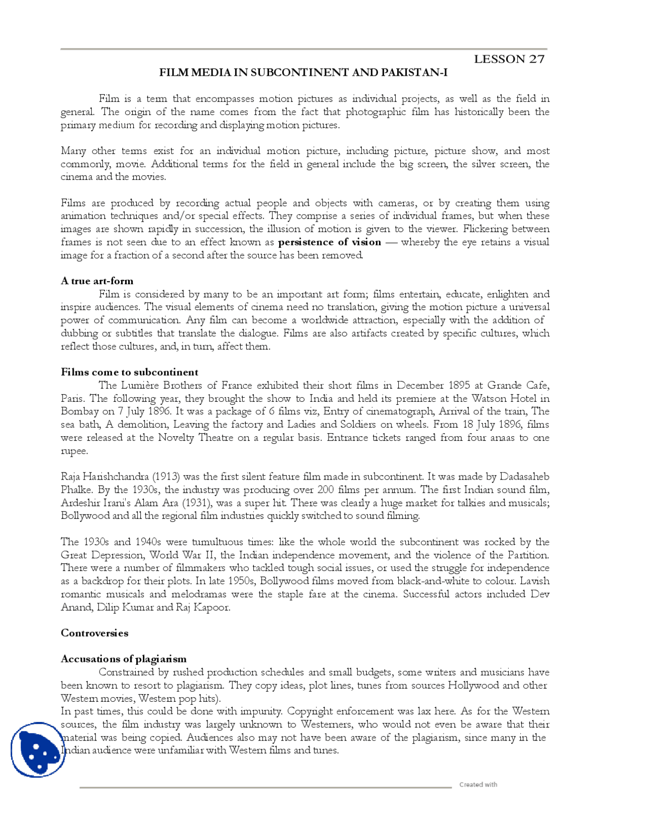 Film Media in Subcontinent-Introduction to Mass Communication-Lecture Handout - Docsity