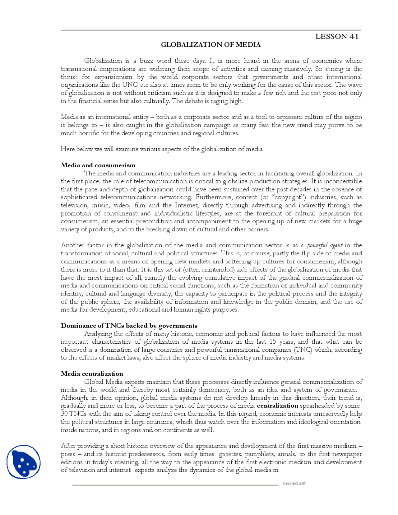 Globalization Of Media Introduction To Mass Communication Lecture Handout Exercises Mass