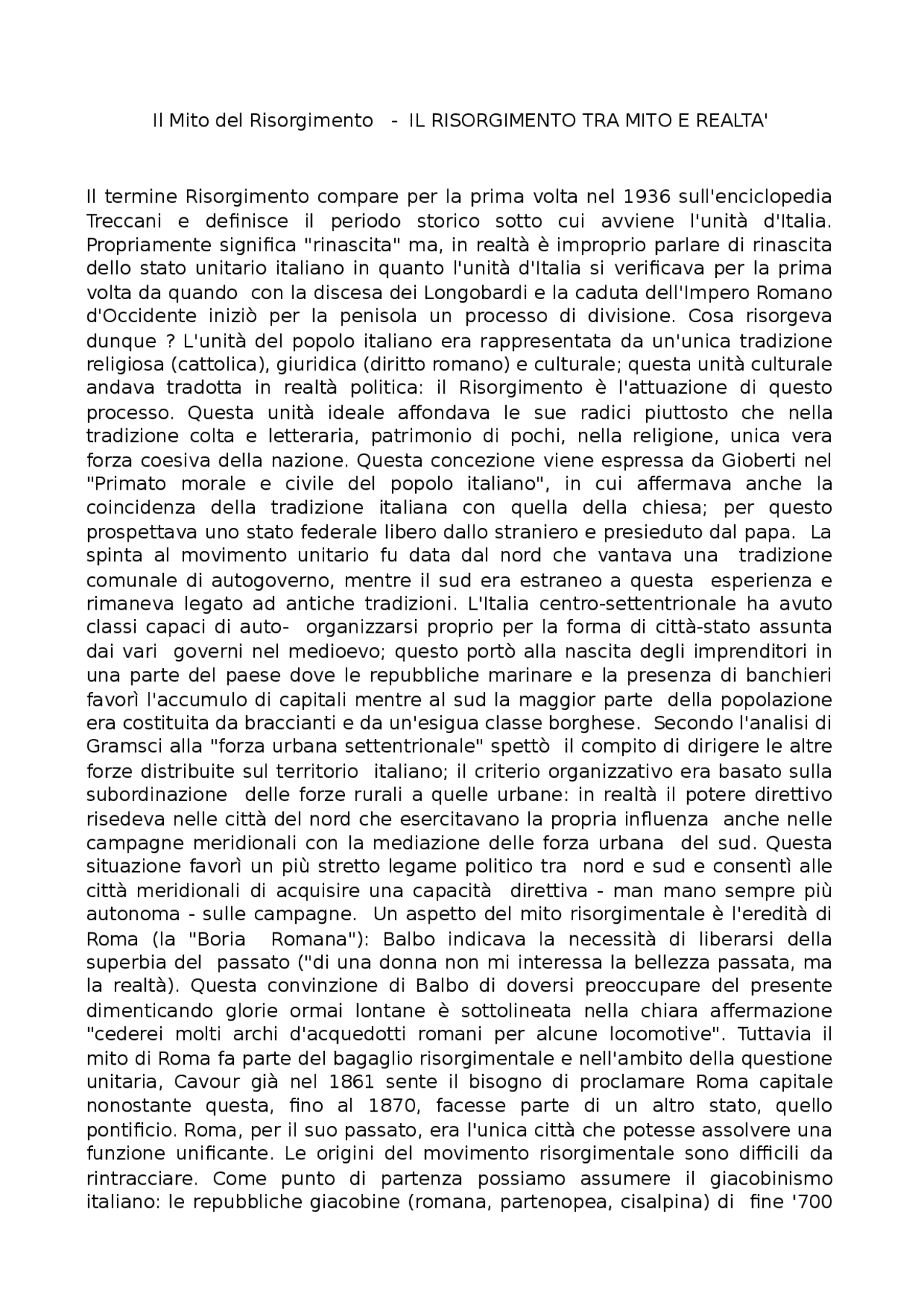 Appunti di Storia Contemporanea - Il mito del Risorgimento - Docsity
