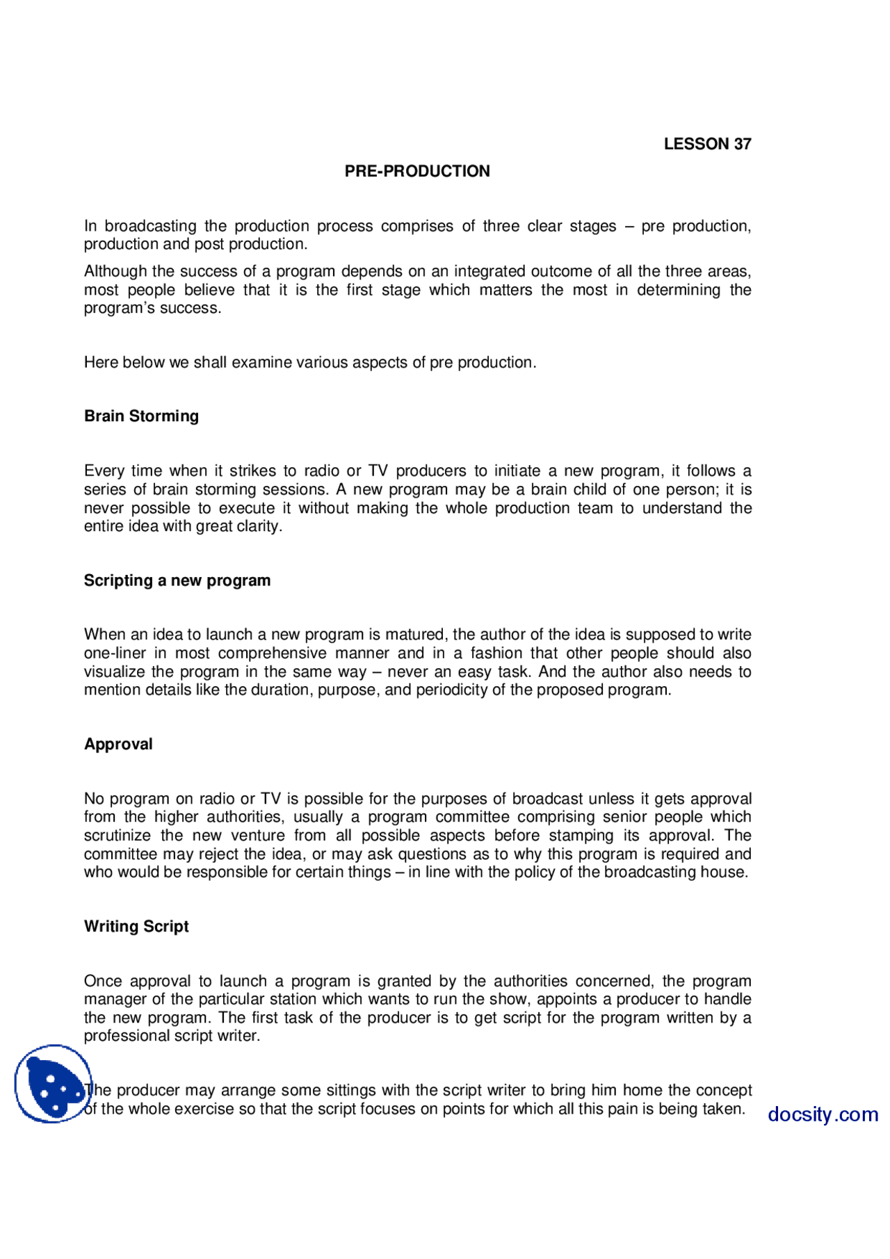 Pre Production Introduction To Broadcasting Lecture Handout Docsity