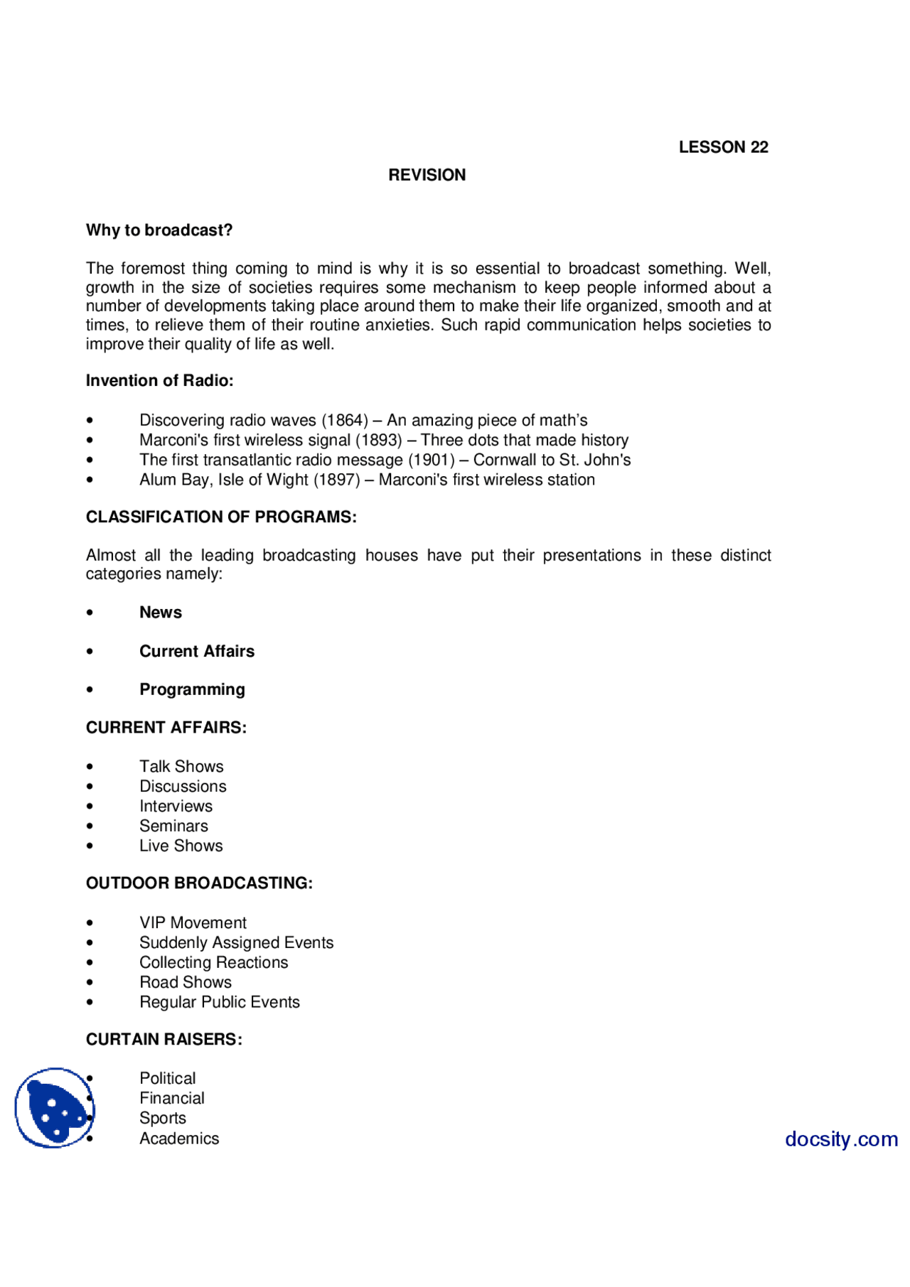 Revision Introduction To Broadcasting Lecture Handout Docsity