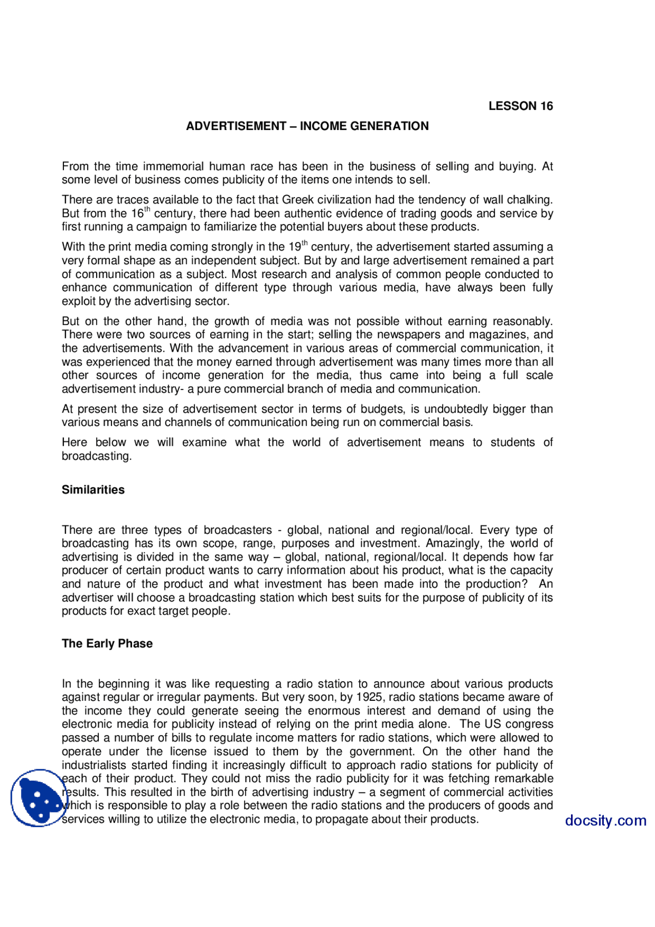Advertisement Introduction To Broadcasting Lecture Handout Docsity