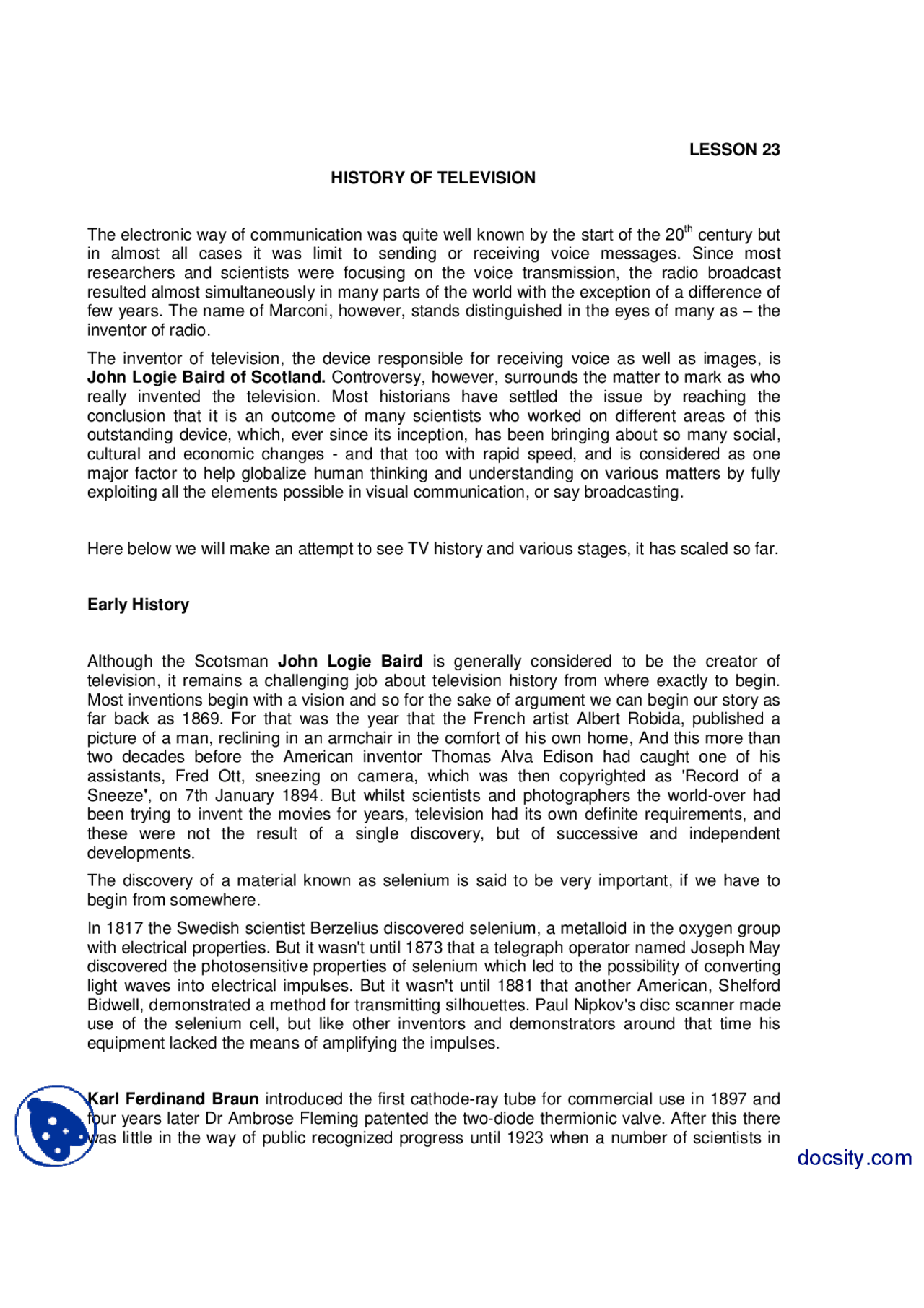 History Of Television Introduction To Broadcasting Lecture Handout