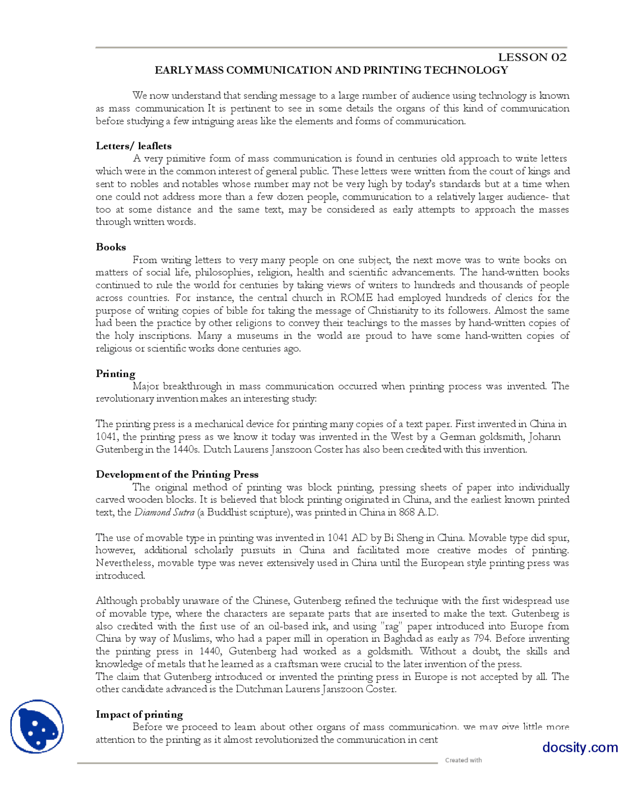 Printing Technology Part2-Introduction to Mass Communication-Lecture Handout | Exercises Mass ...
