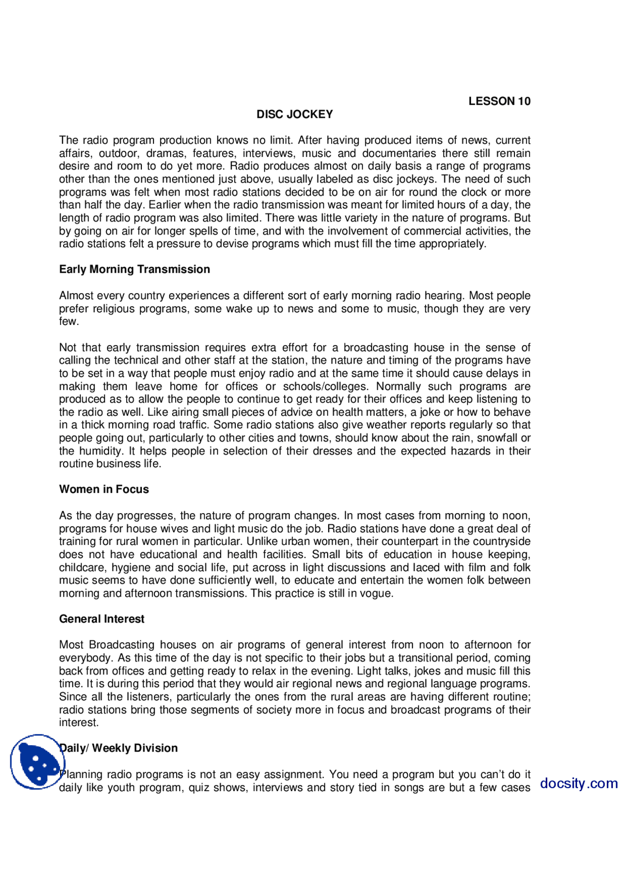 Disc Jockey Introduction To Broadcasting Lecture Handout Docsity