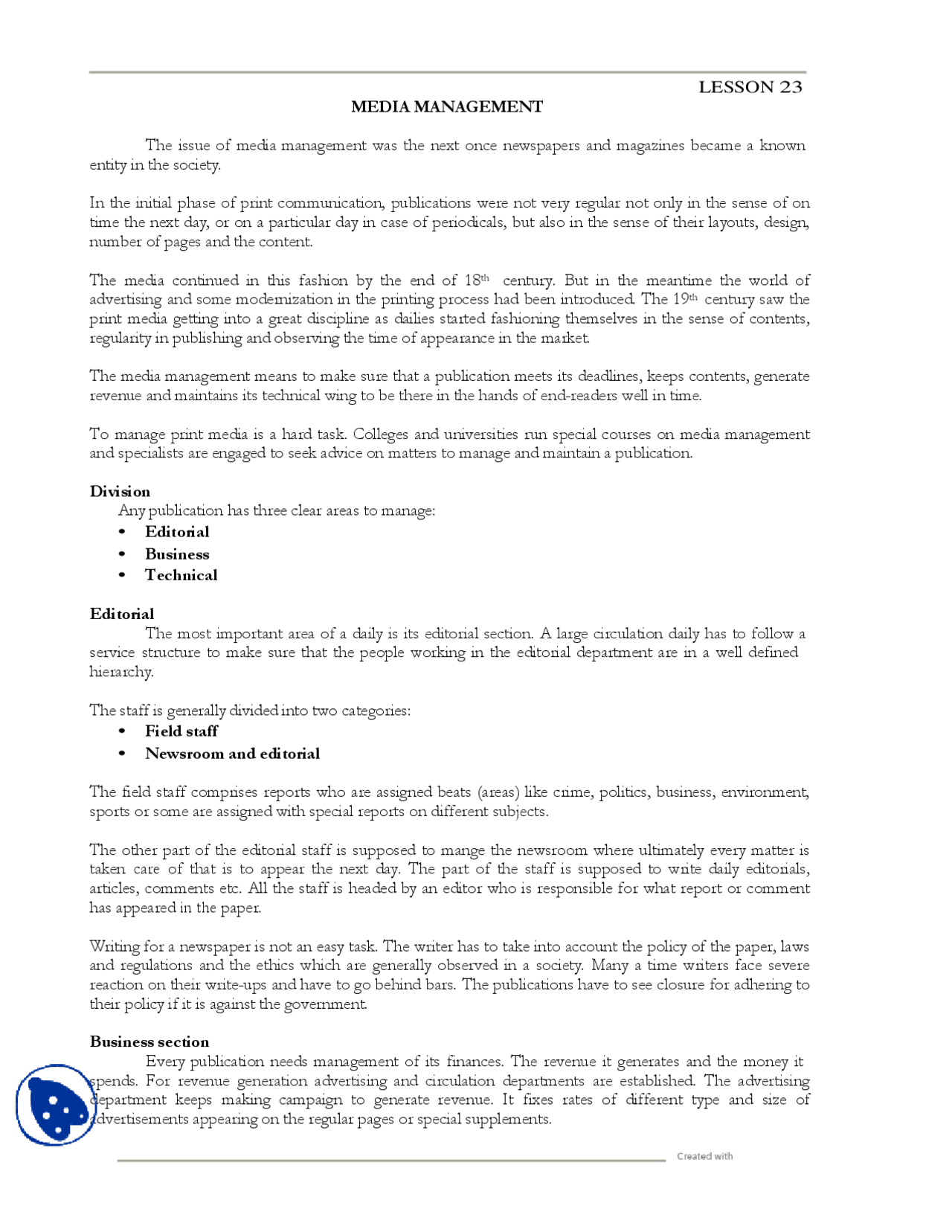 Media Management Introduction To Mass Communication Lecture Handout