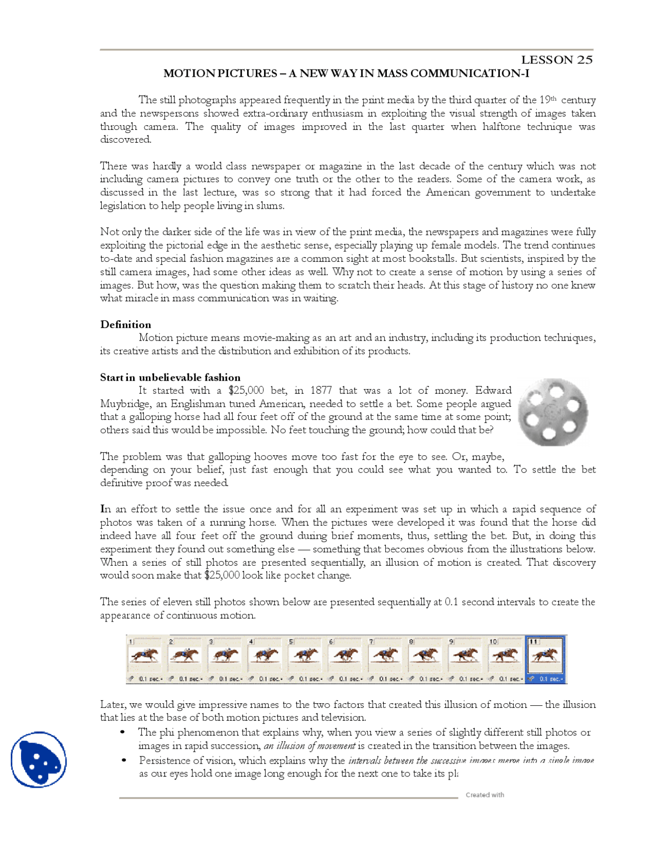 Motion Pictures Introduction To Mass Communication Lecture Handout