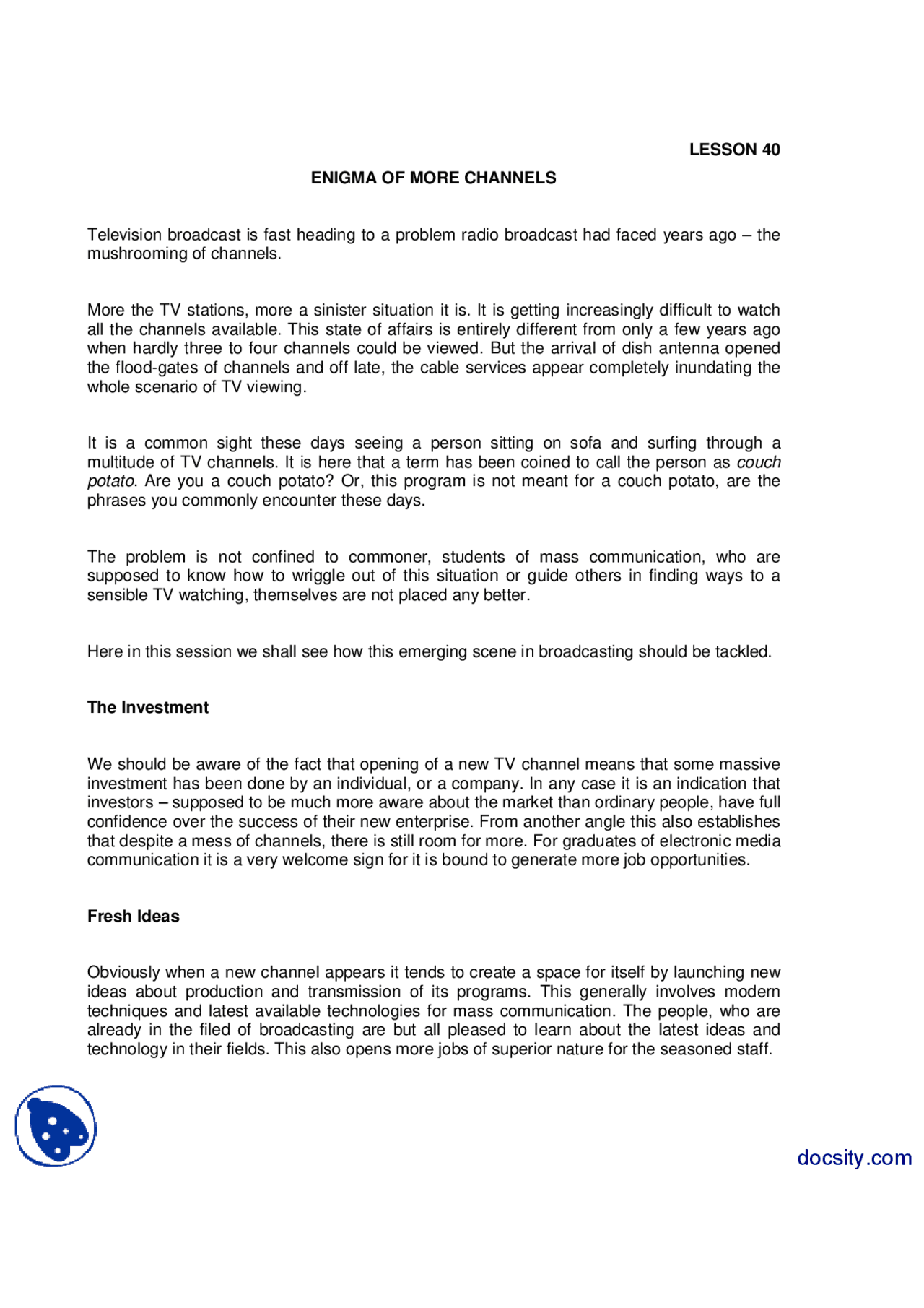 Ennigma of More Channels-Introduction to Broadcasting-Lecture Handout - Docsity