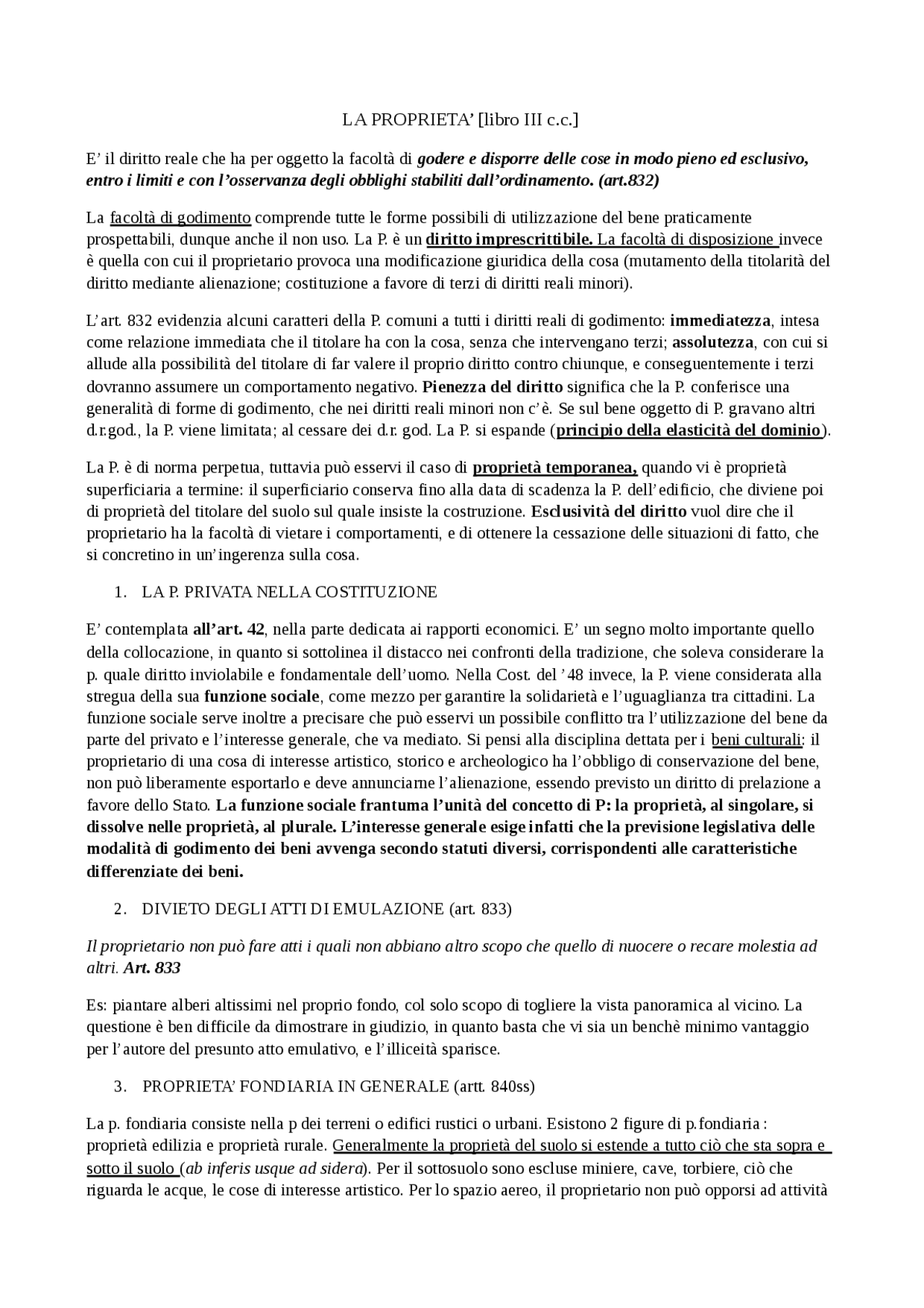 Appunti Sul Diritto Di Proprietà E Sulla Proprietà Docsity