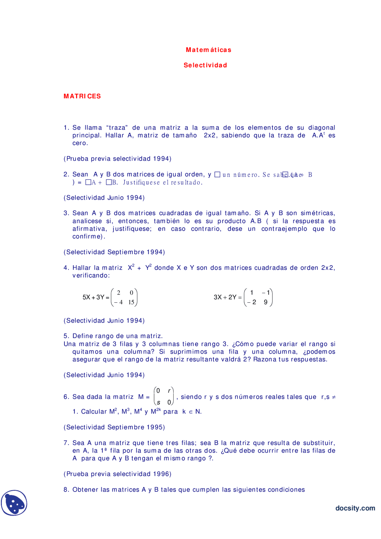 Matrices Exámenes Selectividad Matemáticas Docsity
