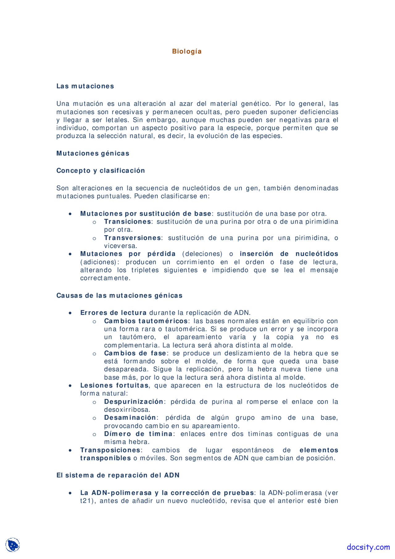 Las Mutaciones Apuntes Biología Apuntes De Biología Docsity