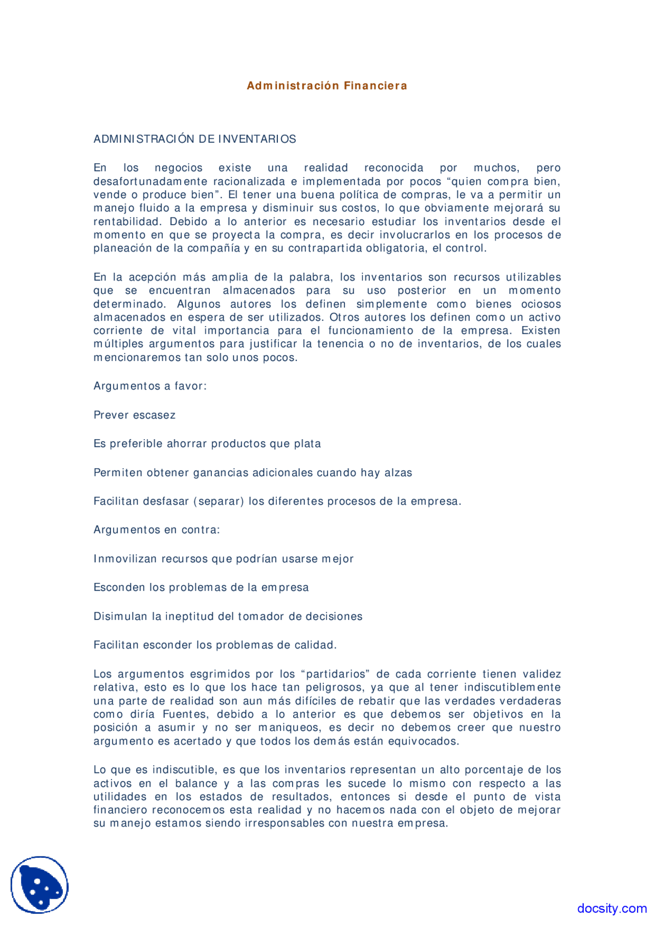 Administración De Inventarios Apuntes Administración Financiera