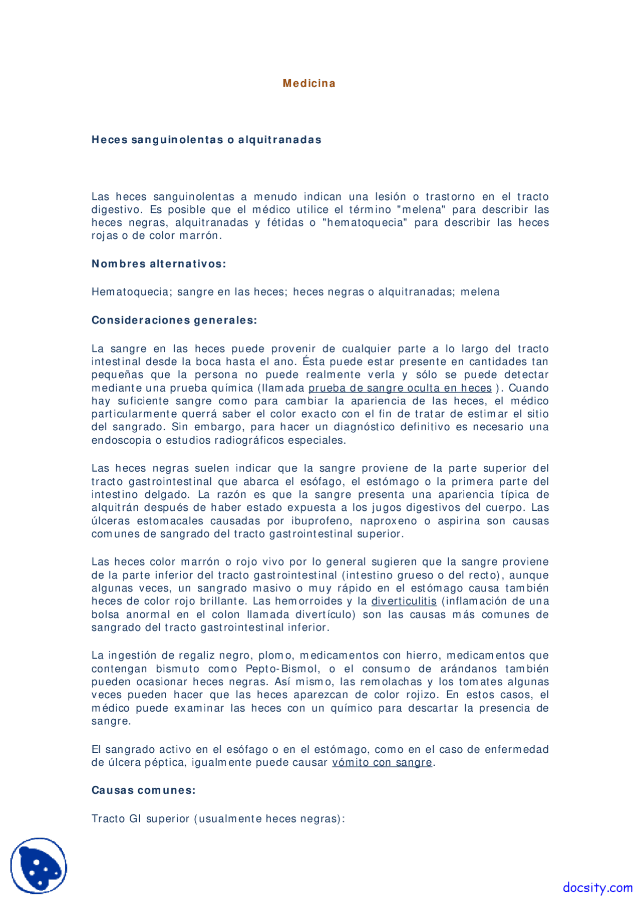 Heces sanguinolientas o alquitranadas – Apuntes – Medicina - Docsity