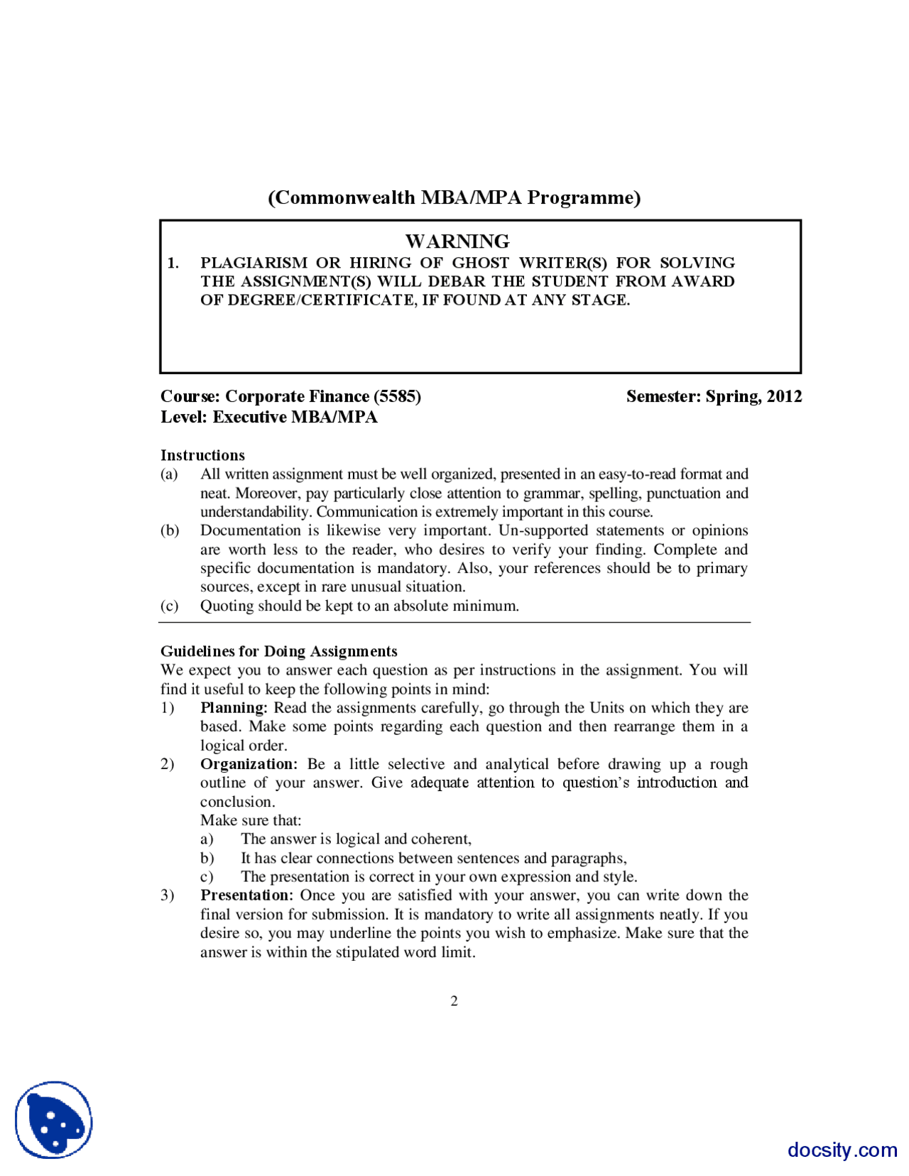 Corporate Finance Business Managment Assignmnet Docsity
