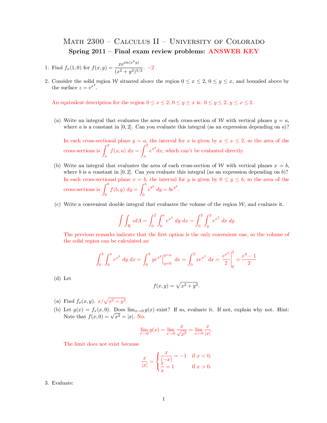 Final Exam Review Problems: Answer Key - Math 2300 – Calculus II – University of Colorado ...