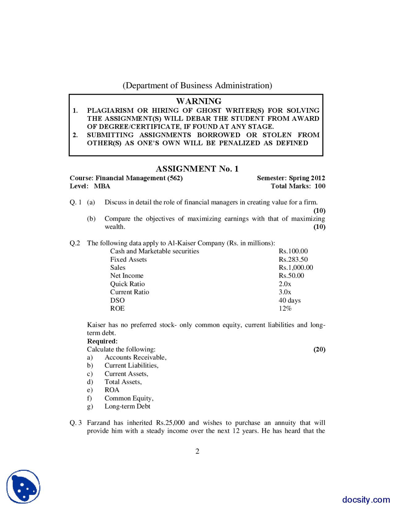 Financial Management Part 1 Business Managment Assignmnet Docsity