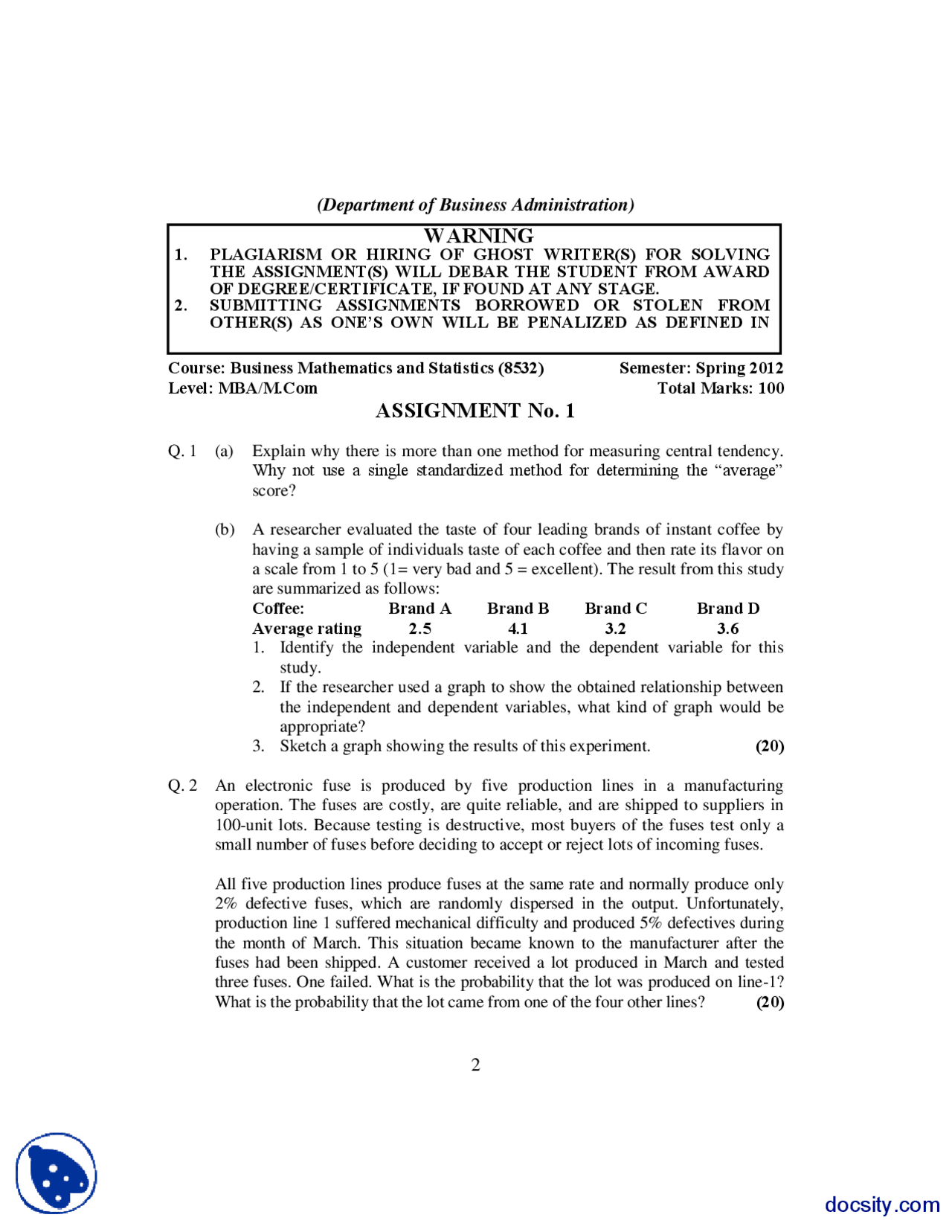 Business Maths And Stats Part 2 Business Managment Assignmnet Docsity