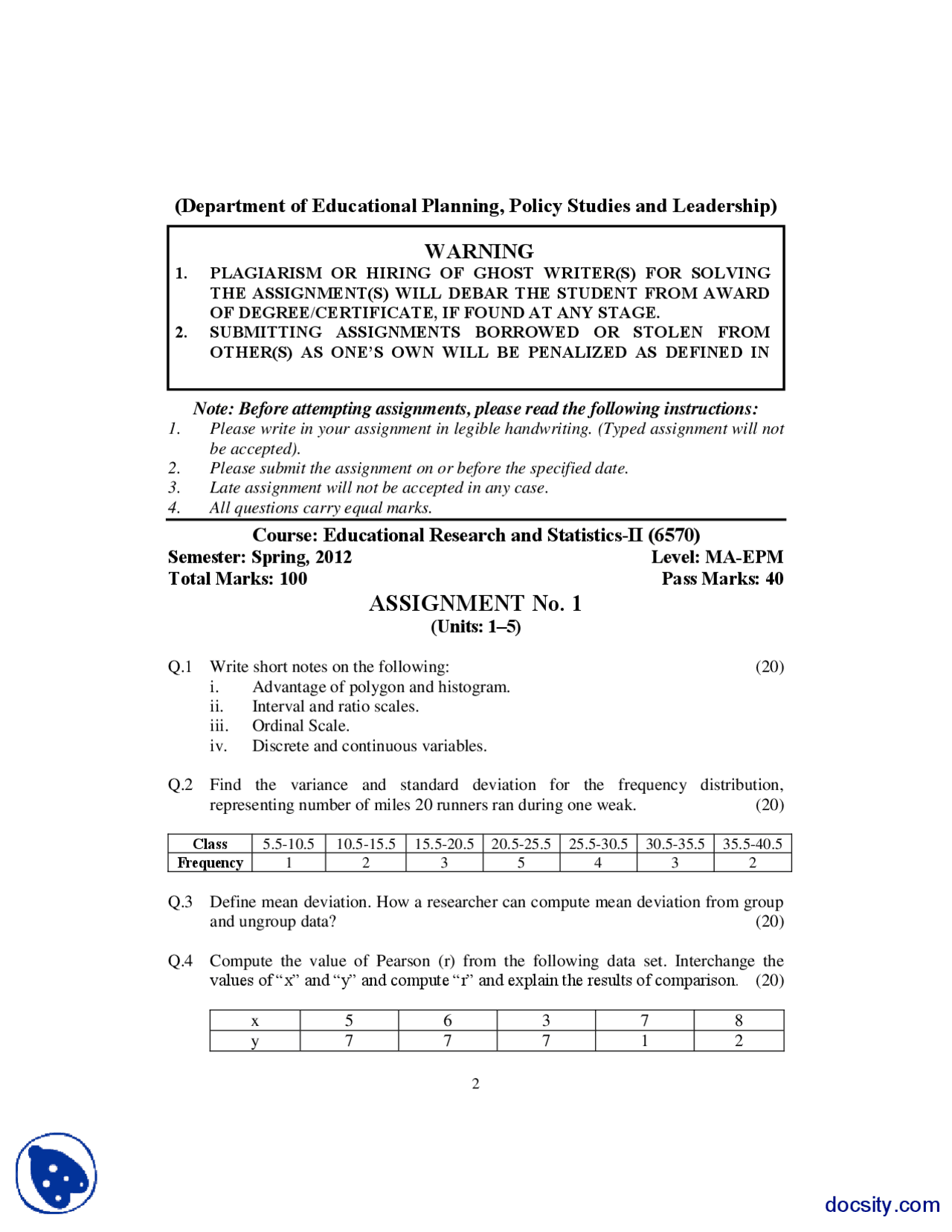 Educational Research And Statistics Ii Education Assignmnet Docsity