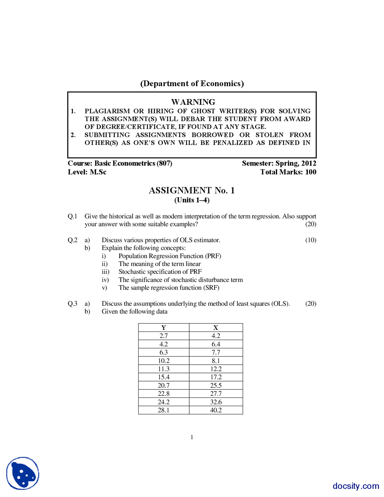 Basic Econometrics Business Managment Assignmnet Docsity