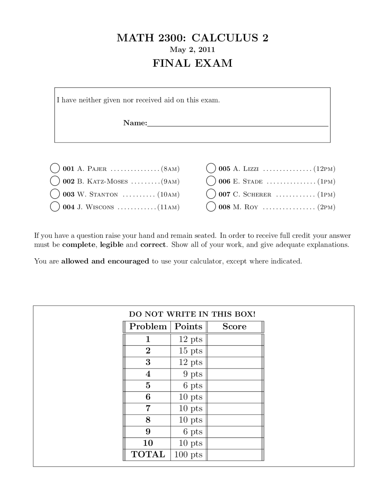 10 Problems To Evaluate The Integrals Final Examination Math 2300