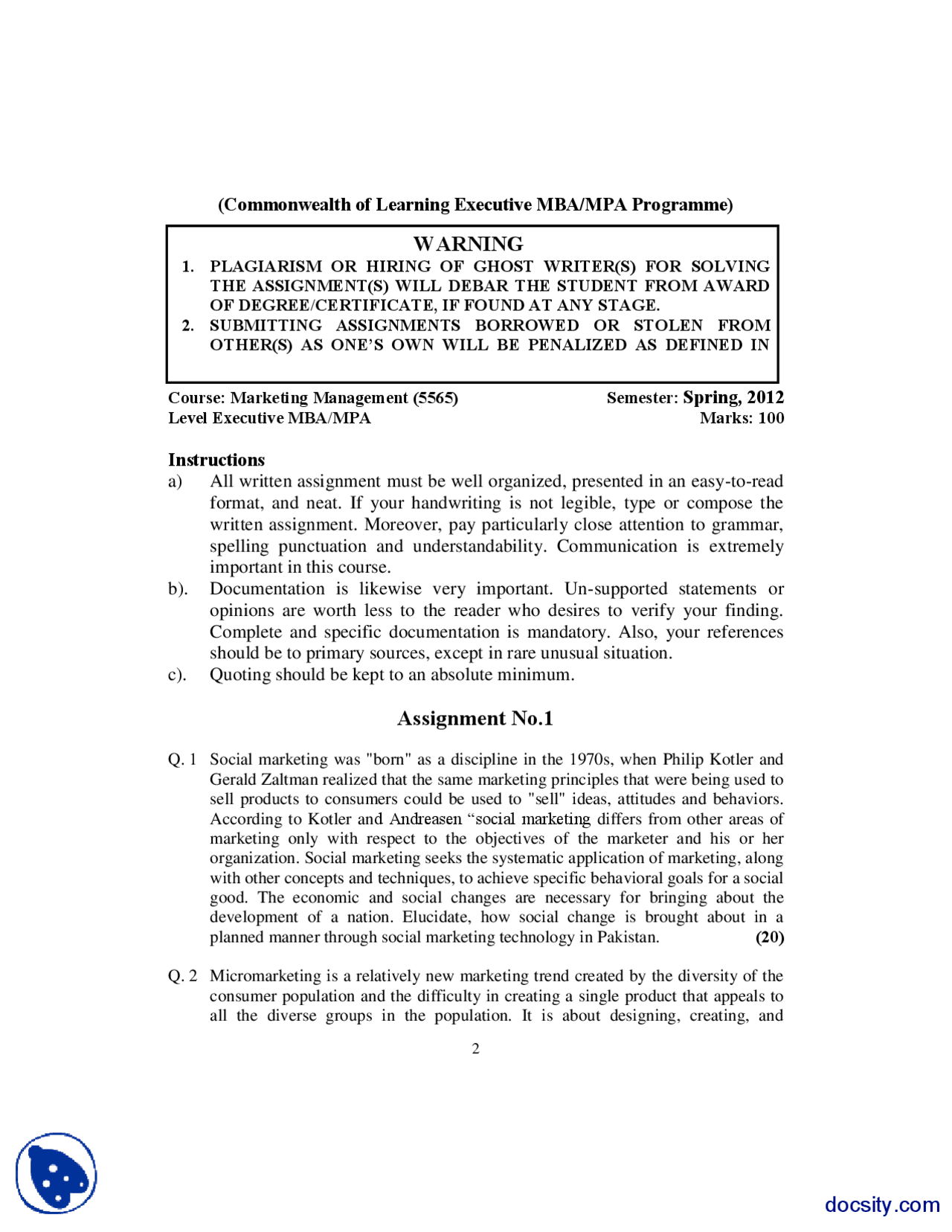 Marketing Management Part 2 Business Managment Assignmnet Docsity