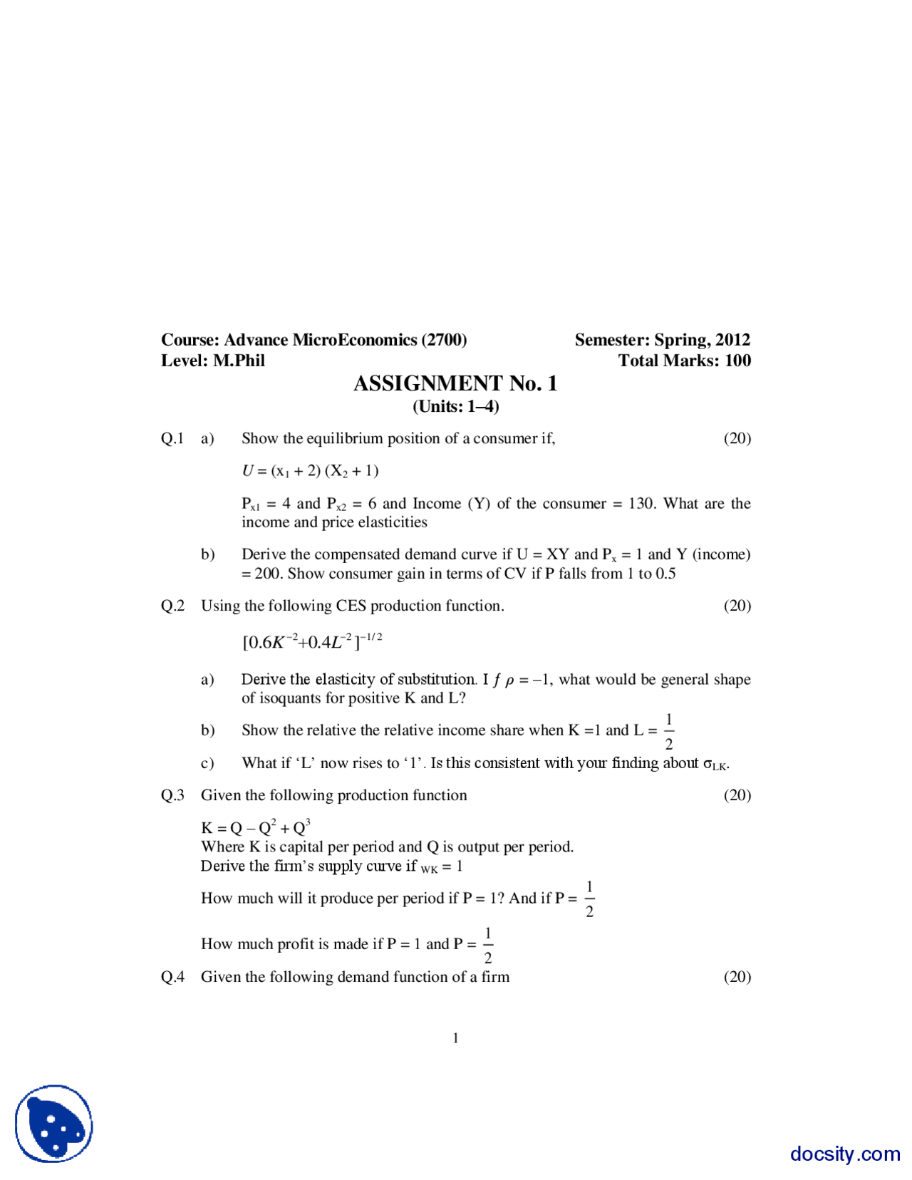 Advance Microeconomics Part 1 Business Managment Assignmnet Docsity