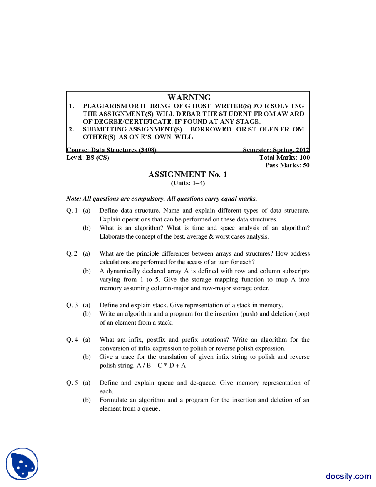 Data Structures Computer Science Assignment Docsity