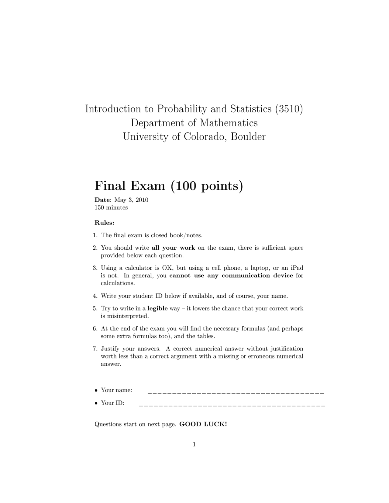 Introduction to Probability and Statistics - Final Exam | MATH 3510 ...