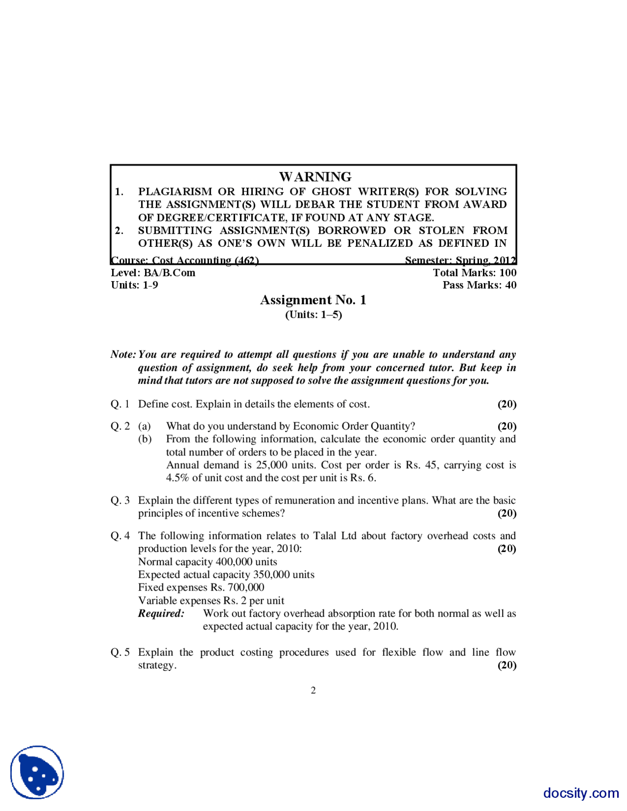 Cost Accounting Business Managment Assignmnet Docsity